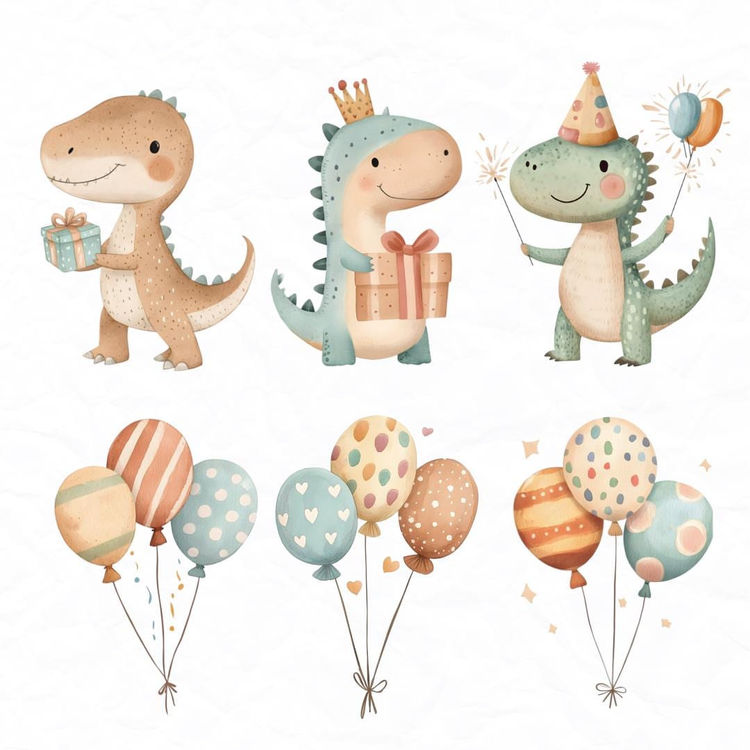 Dinosaur Party Illustrations Digital Download, Watercolor Dino Clipart ...