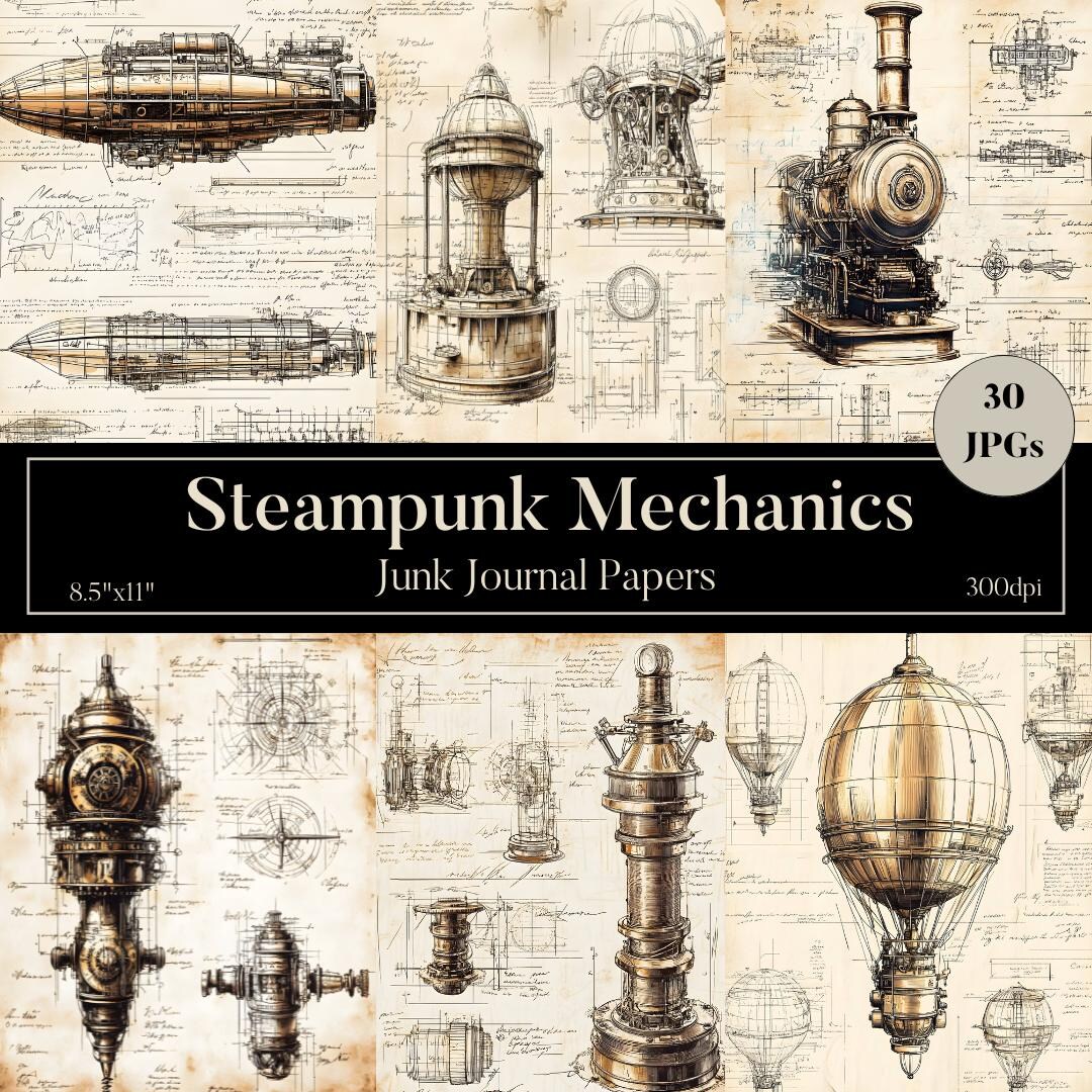 Steampunk Drawings Junk Journal Pages, Digital Industrial Paper ...