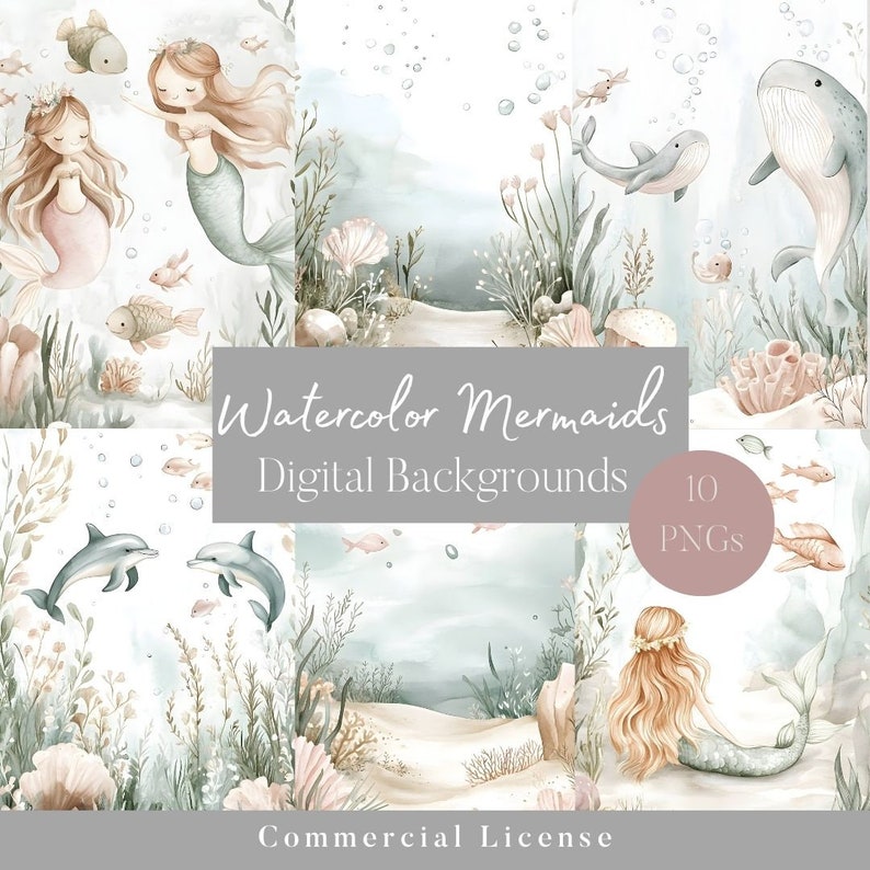 Watercolor Mermaid Scene Background, Under the Sea, Sea Junk Journal ...