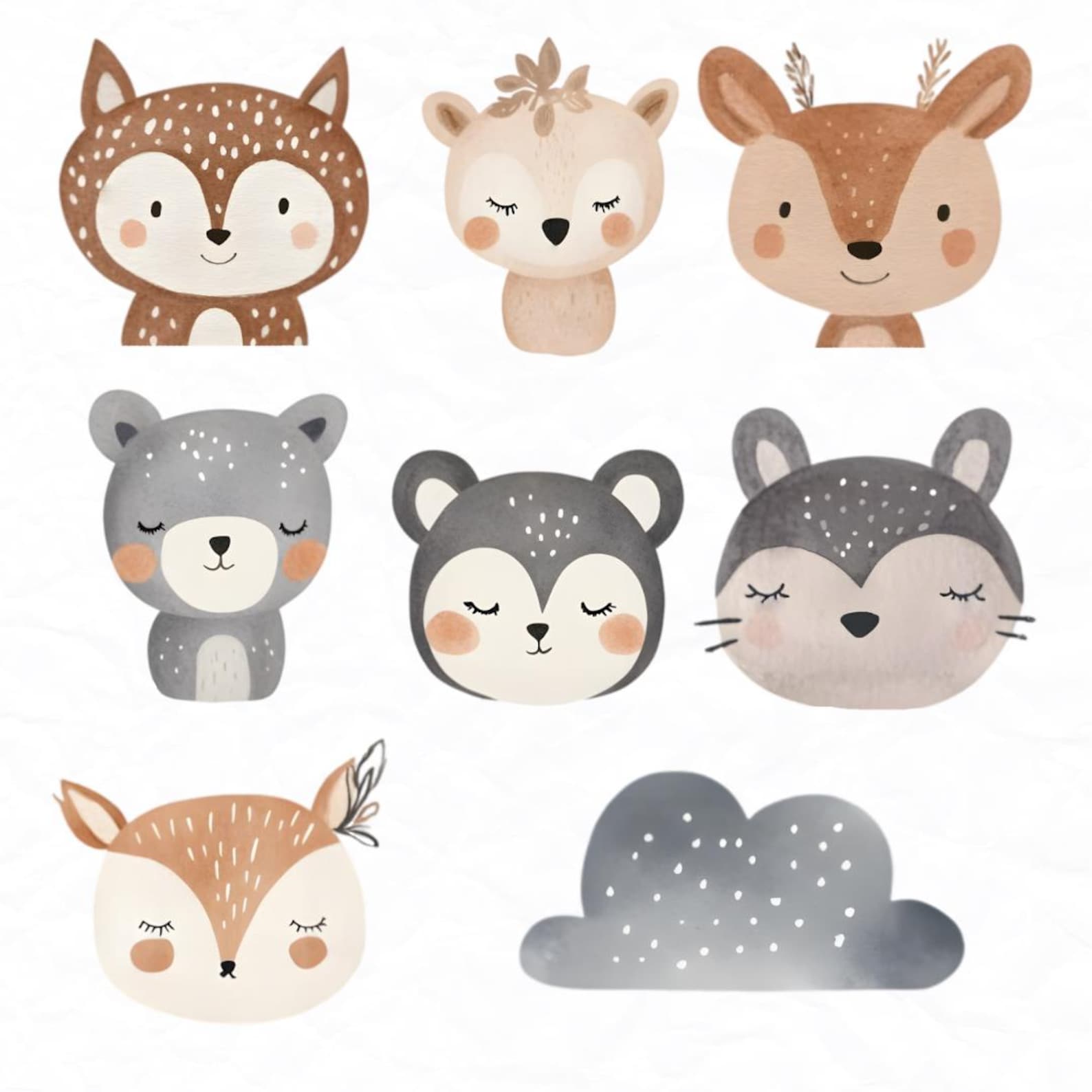 Boho Woodland Animal Face Clipart, Nursery Woodland Animals, Cute Bear ...