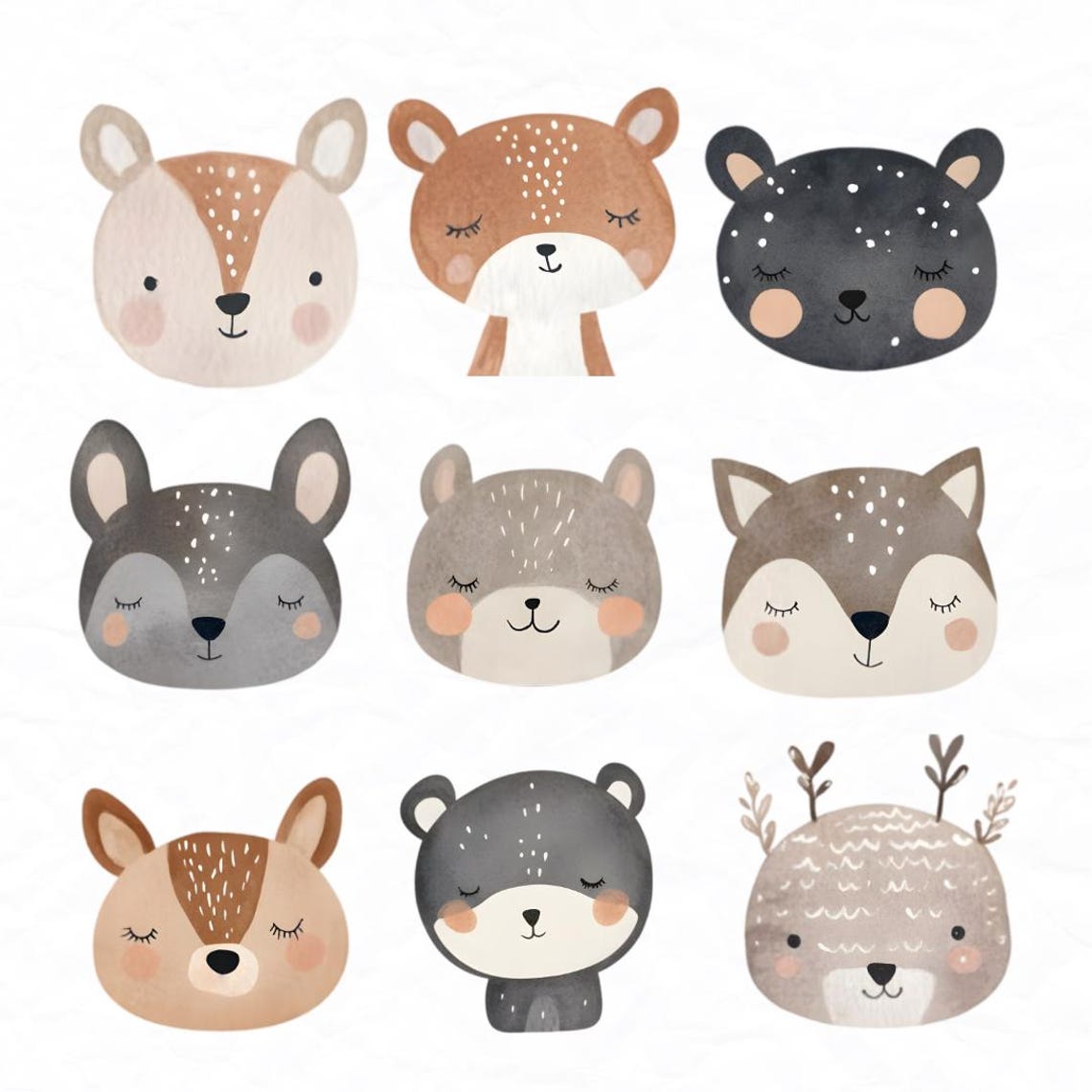 Boho Woodland Animal Face Clipart, Nursery Woodland Animals, Cute Bear ...