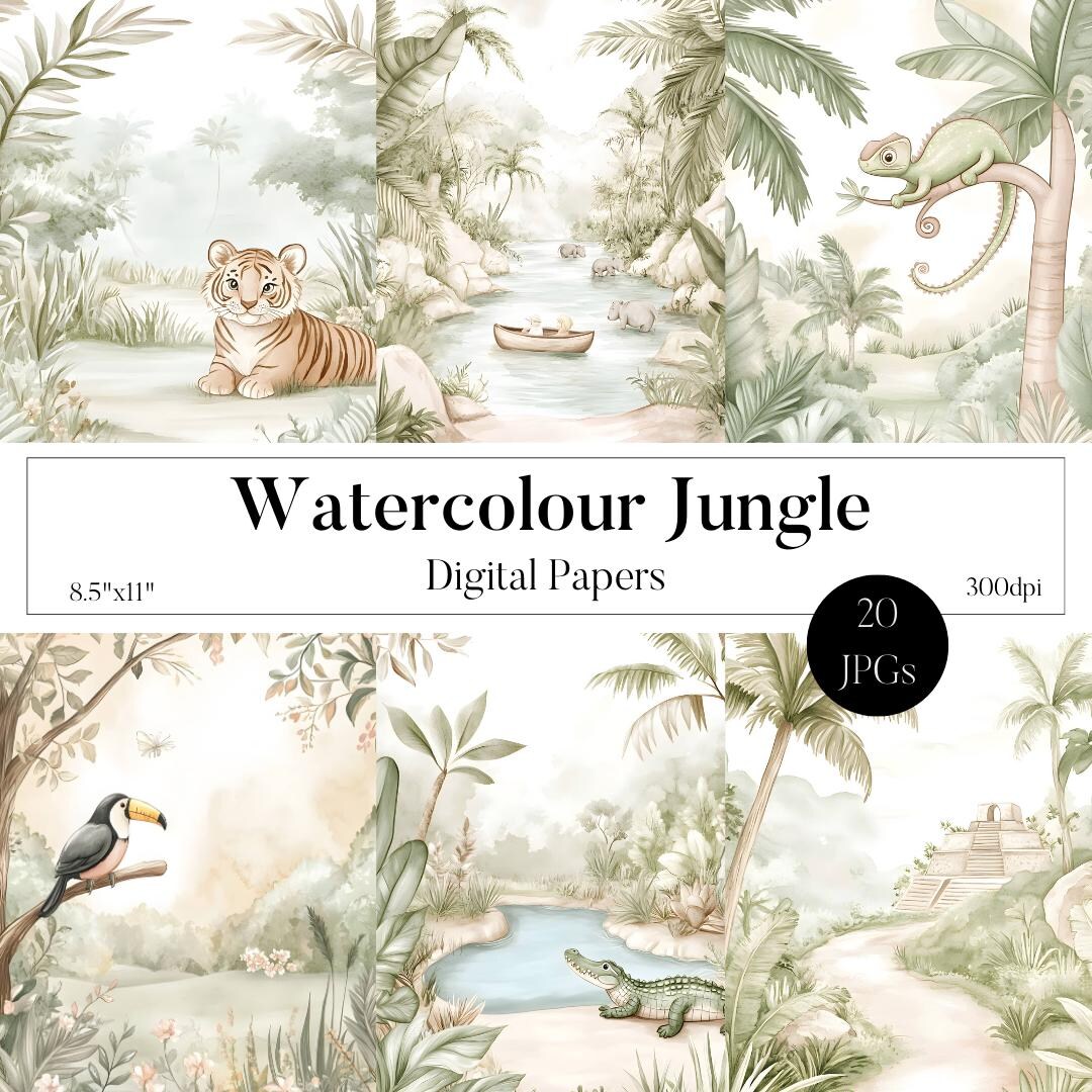 Watercolor Jungle Digital Papers, Jungle Safari JPG, Cheeky Monkey Wall ...