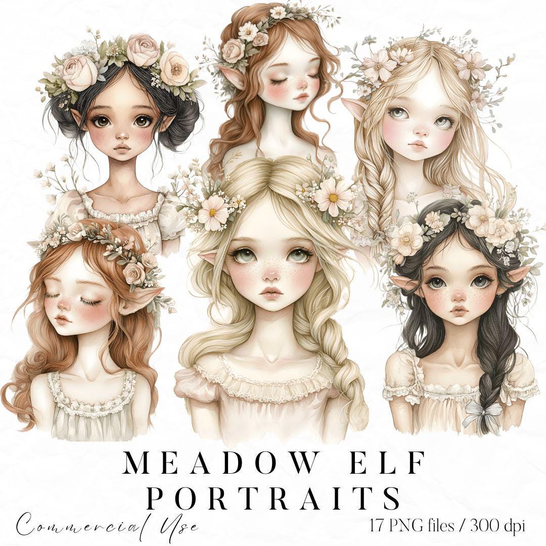 Meadow Elf Portrait Clipart, Flower Fairy Clipart, Spring Floral ...
