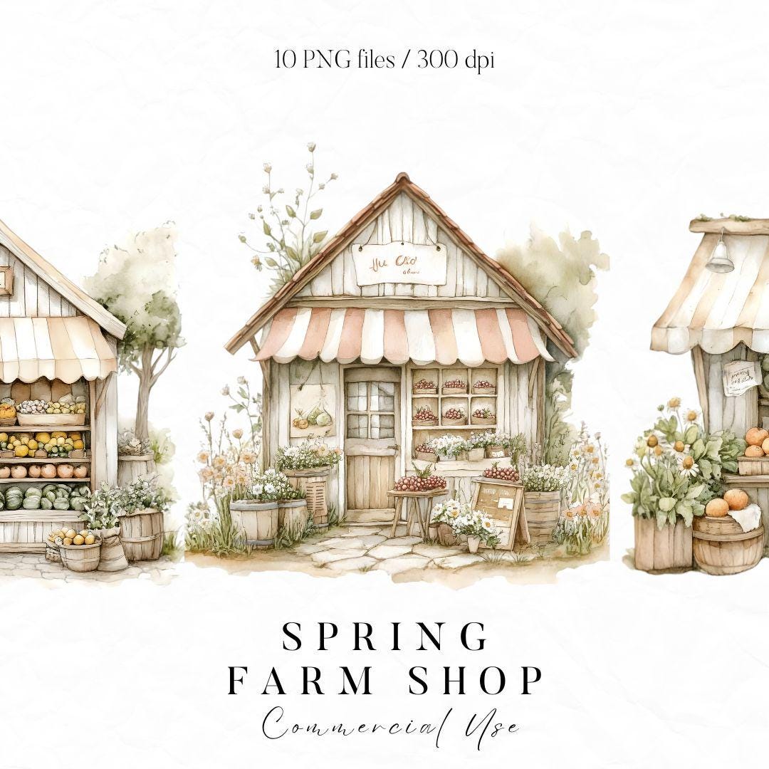 Spring Farm Shop Clipart, Watercolor Spring Images, Spring Farm Clipart ...