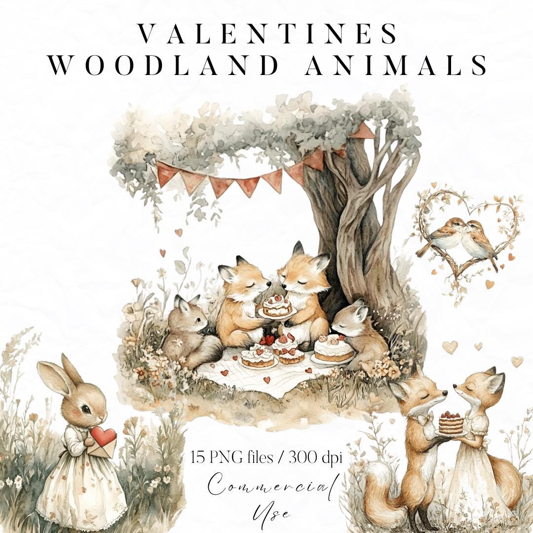 Valentines Day Woodland Animal Clipart, Cute Watercolor Woodland ...