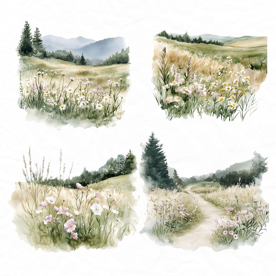 Wildflower Meadows Clipart, Watercolor Scenery, Spring Landscape ...