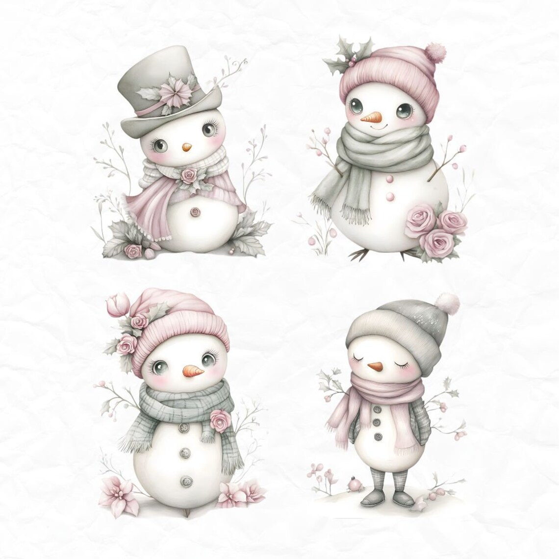Floral Snowman Clipart, Pink Snowman Clipart, Watercolor Snowman ...