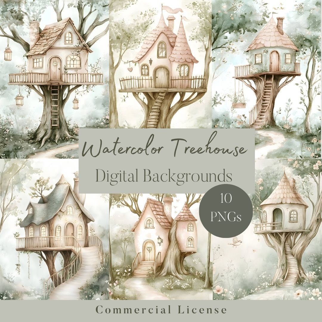 10 Watercolor Treehouse Background Scenes, Whimsical Treehouse, Forest ...