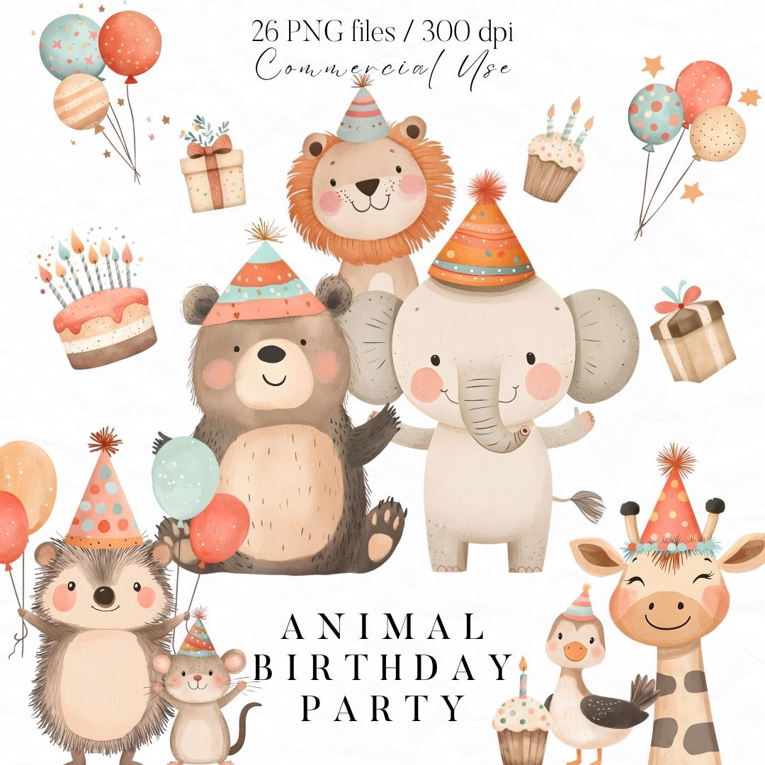Animal Birthday Party, Whimsical Clipart Bundle, Woodland, Scandi ...