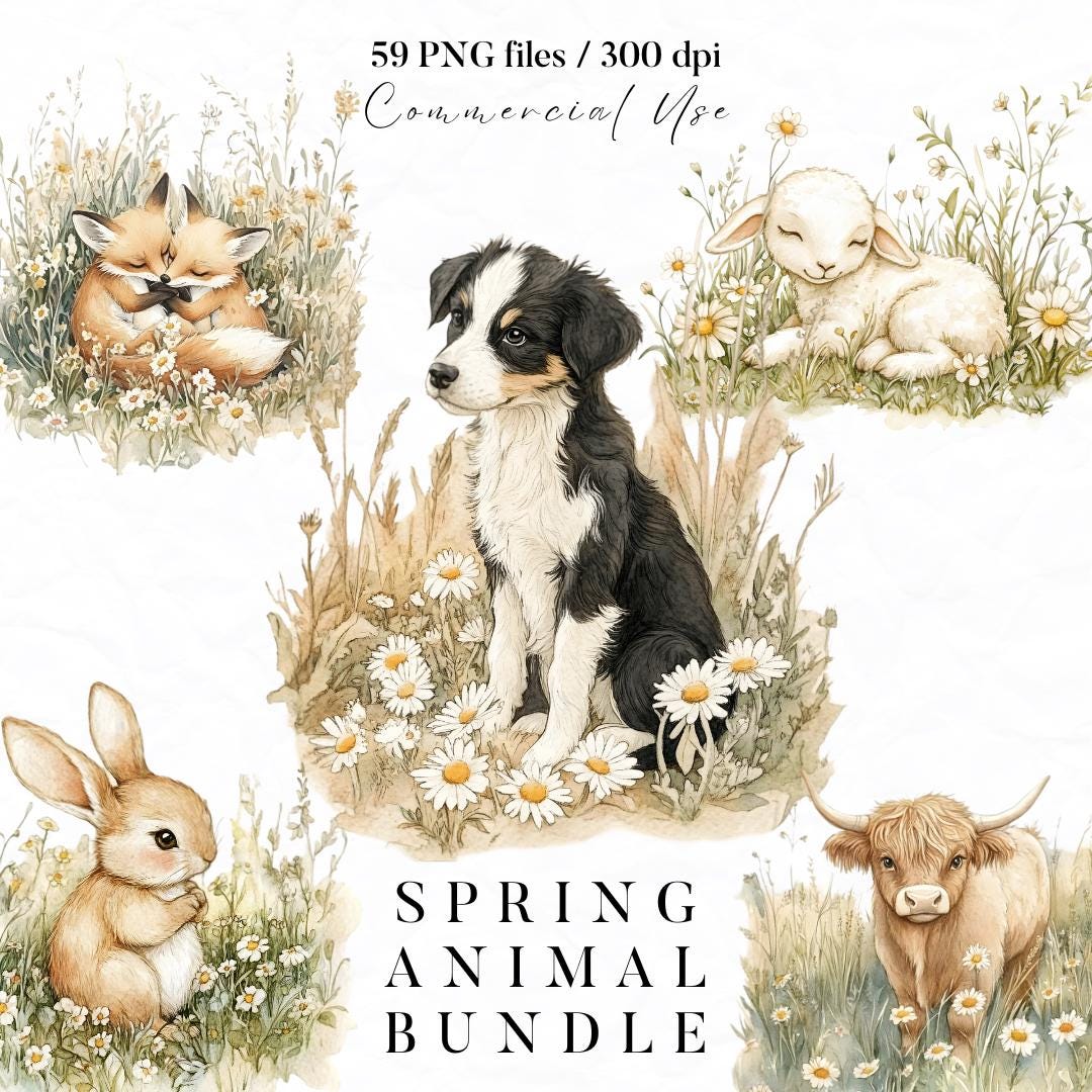 Spring Animals Clipart Bundle, Watercolor Animals Clipart, Spring Bunny ...