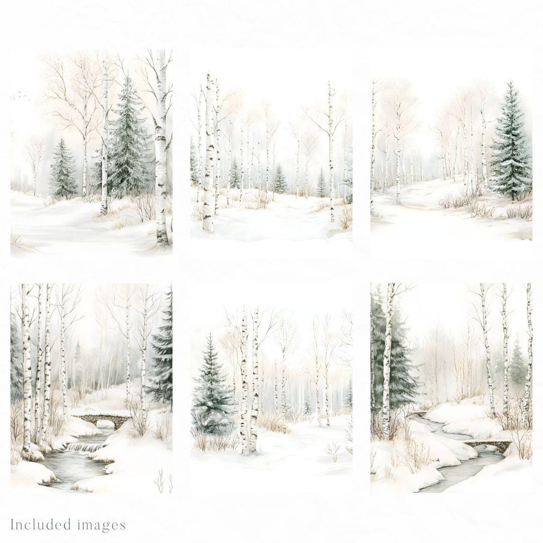 24 Snowy Silver Birch Forest Junk Journal Pages, Snowy Landscape ...