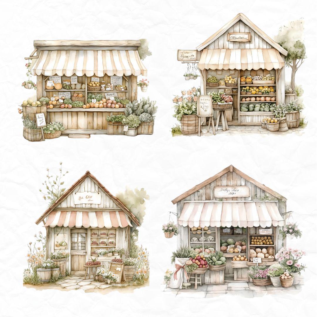 Spring Farm Shop Clipart, Watercolor Spring Images, Spring Farm Clipart ...
