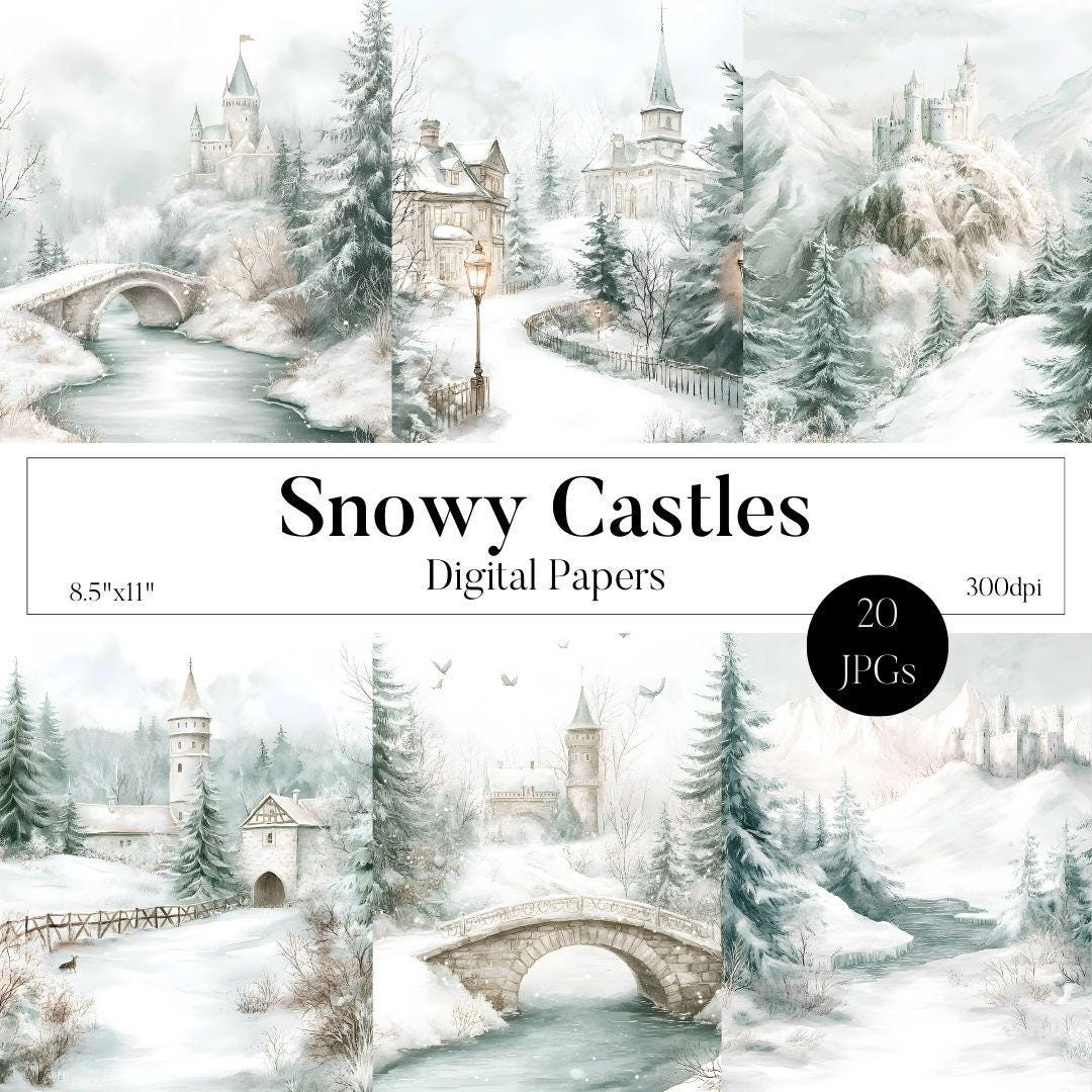 20 Snowy Winter Castles Junk Journal Pages, Winter Landscape Printable ...