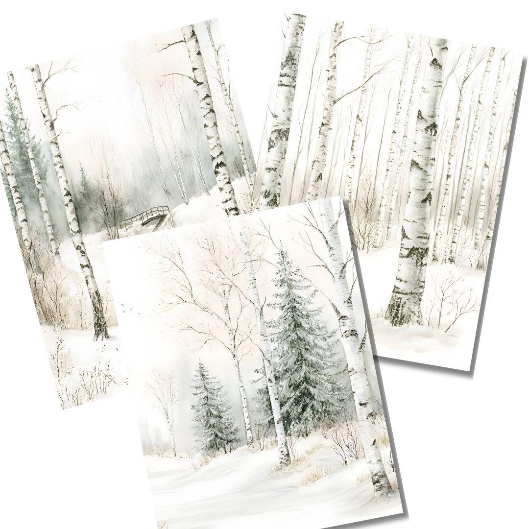 24 Snowy Silver Birch Forest Junk Journal Pages, Snowy Landscape ...