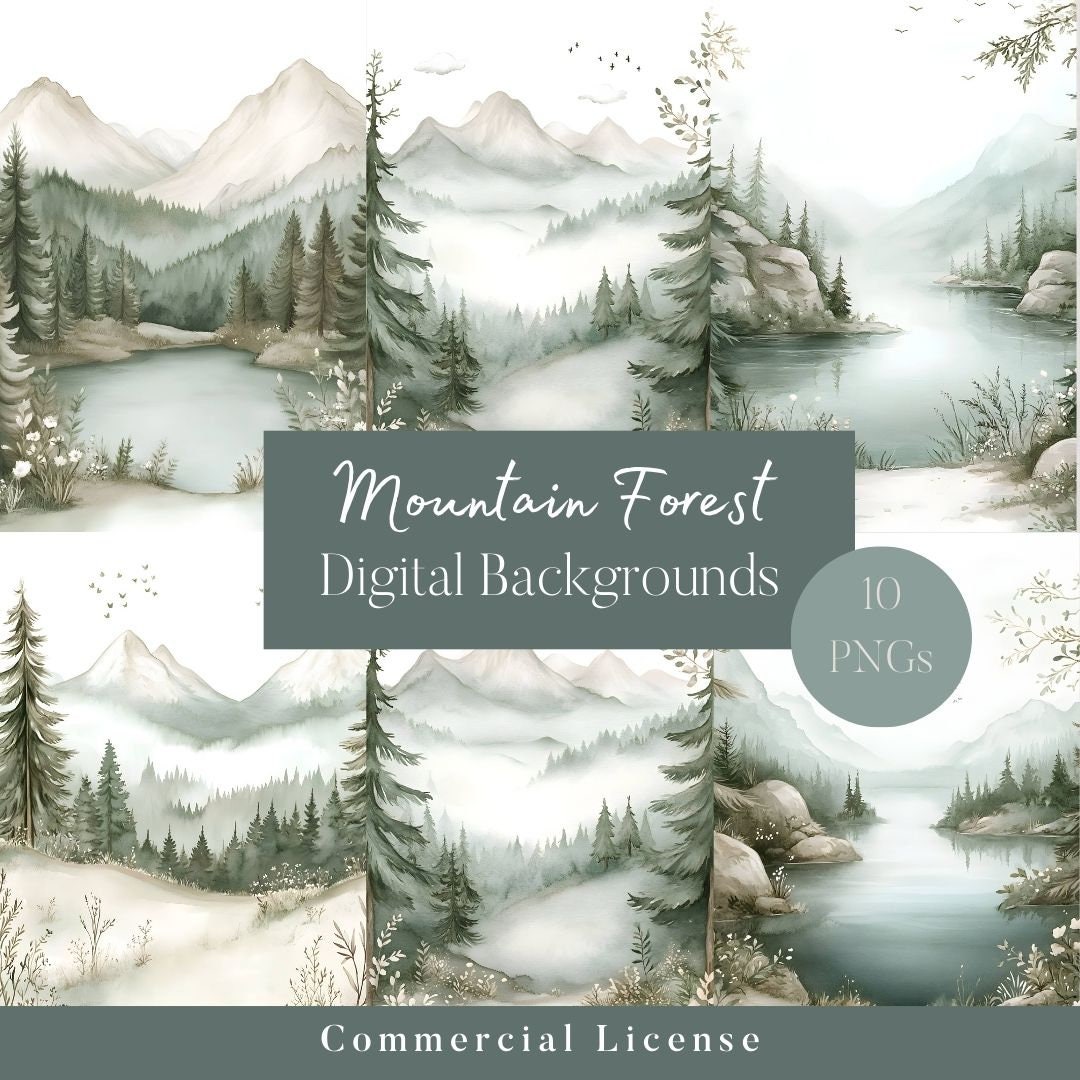 Watercolor Mountain Forest Scene Background, Forest Junk Journal, Lake ...