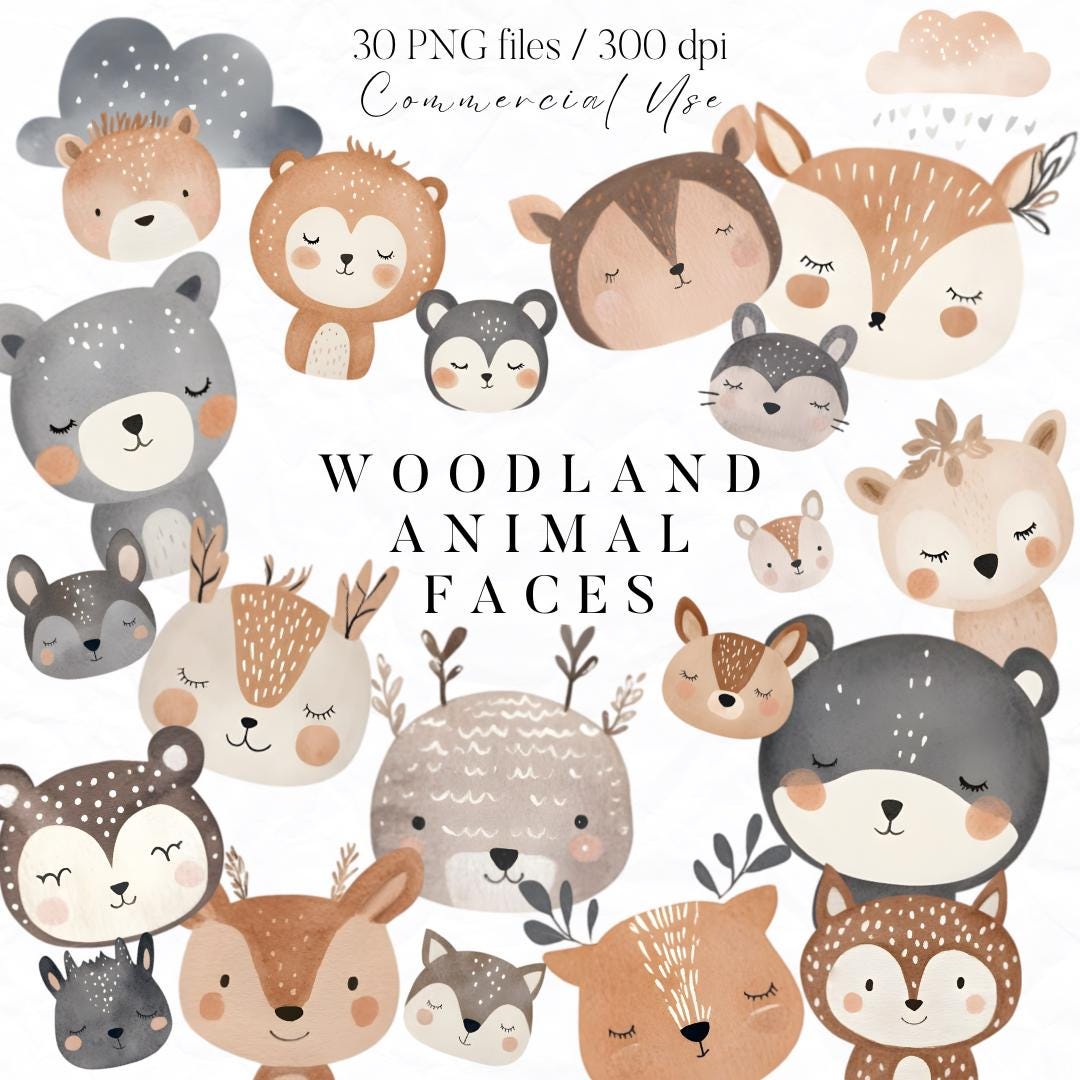 Boho Woodland Animal Face Clipart, Nursery Woodland Animals, Cute Bear ...