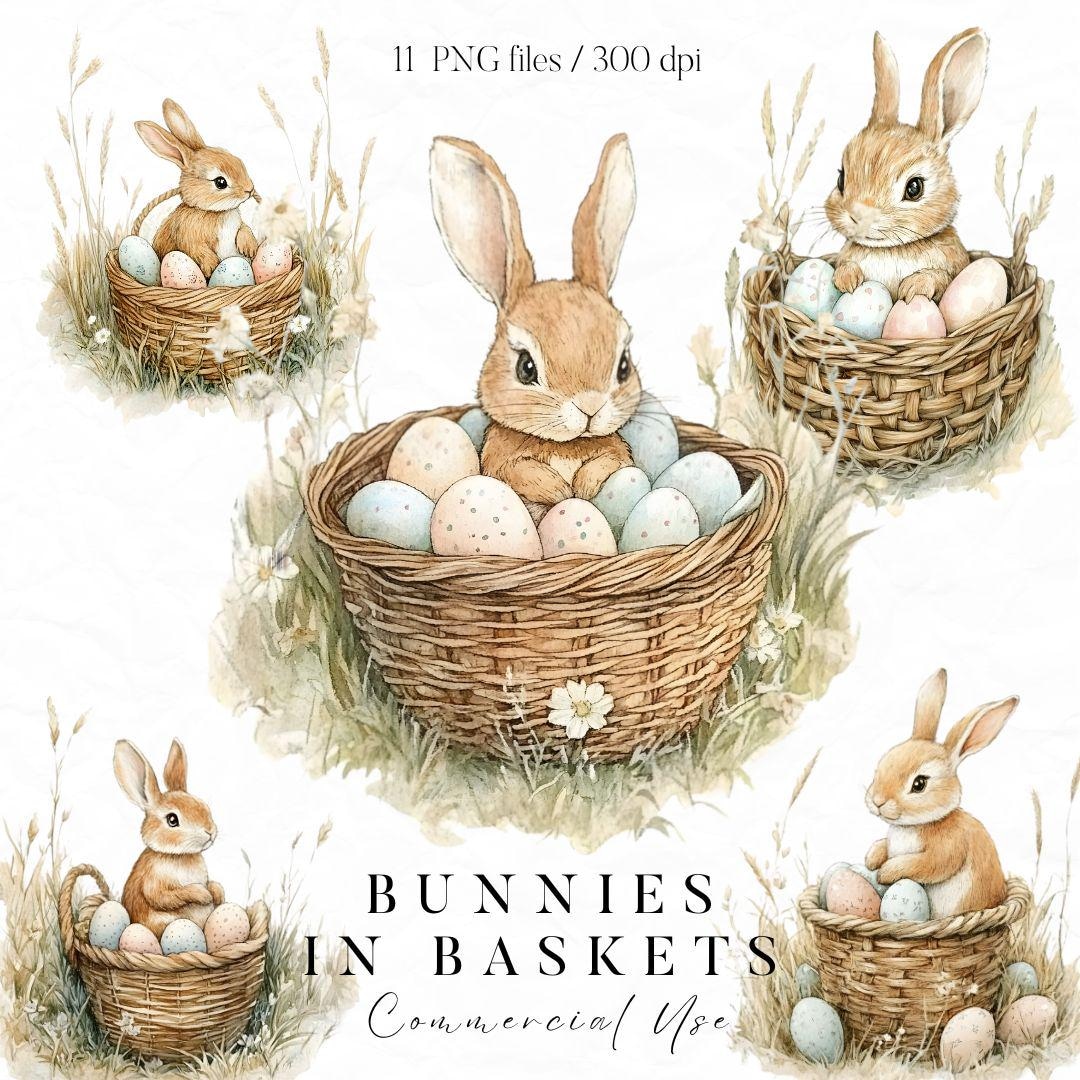 Watercolor Bunny Clipart, Easter Basket Graphics, Spring Bunny Clipart ...