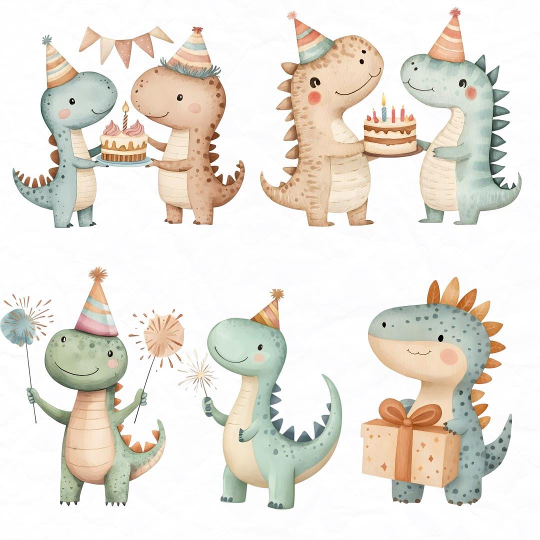 Dinosaur Party Illustrations Digital Download, Watercolor Dino Clipart ...