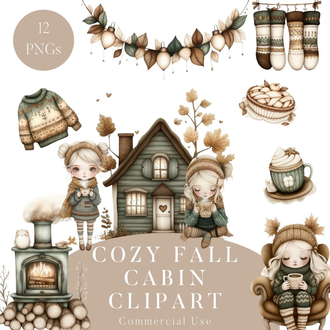 Cozy Fall Cabin Clipart, Cozy Autumn Clipart, Autumn Cabin, Fall ...