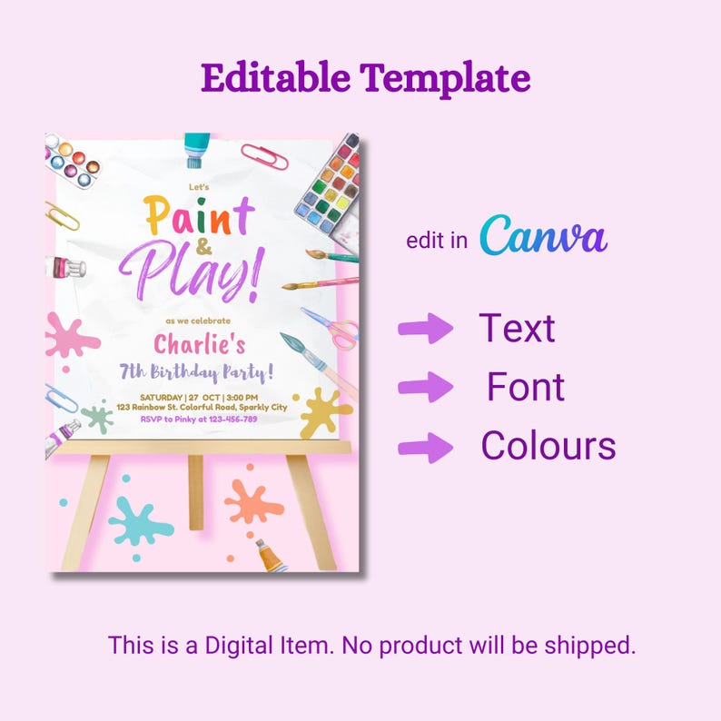 Editable Art Birthday Party Invitation Art Party Art Themed Birthday ...