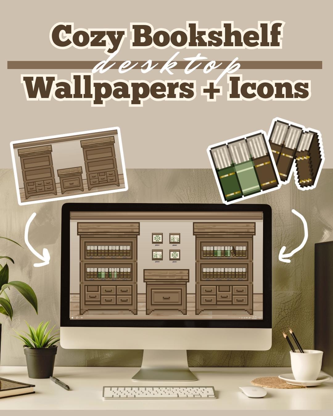 Cozy Bookshelf Desktop Wallpaper: Pixel Art Icons (digital Download) - Etsy