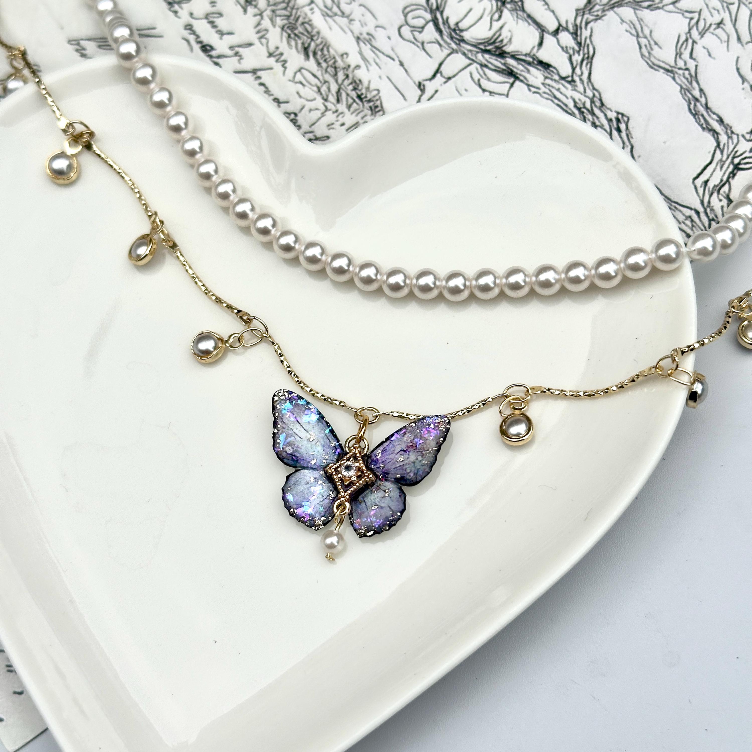 Butterfly Pearl Choker, Insect Beaded Necklace, Fairy Resin Jewelry ...
