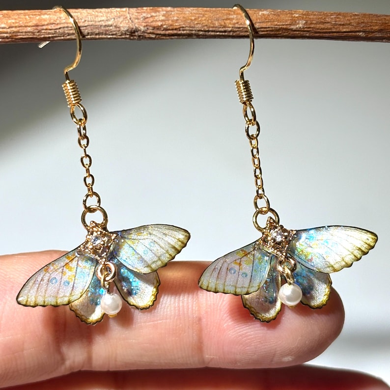 Moth Earrings, Cute Moth Wings With Pearl, Insect Fairy Resin Jewelry ...