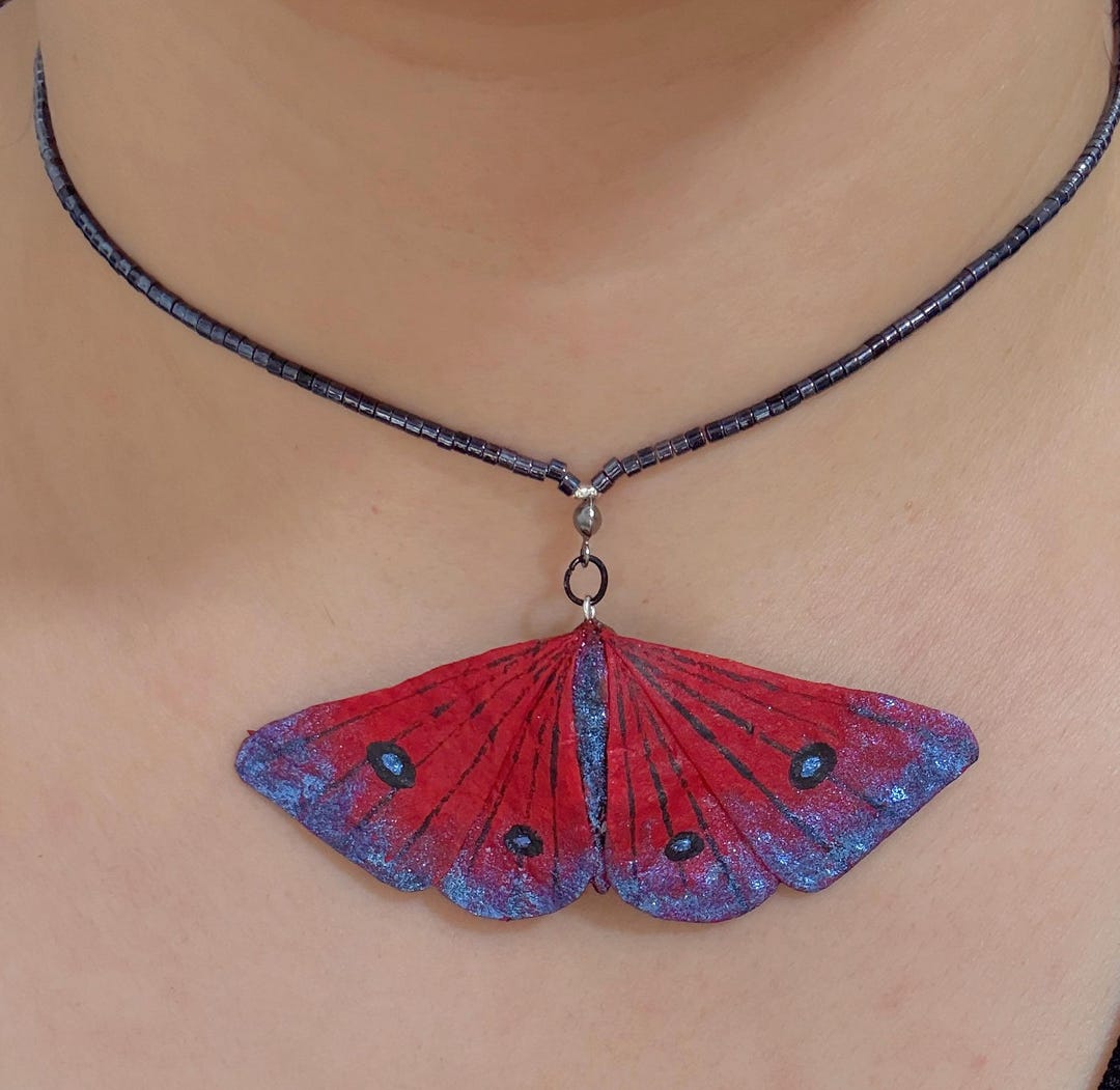 Red Flame Luna Moth Necklaces, Gothic Cross Moth Pendants, Dark ...