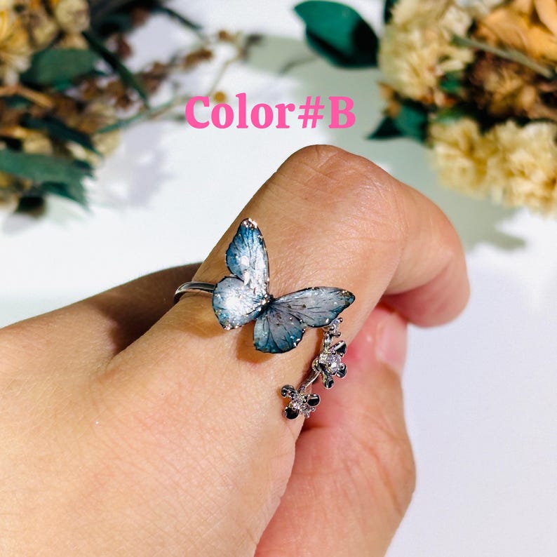 Butterfly Flower Ring, Cute Butterfly Wings Floral Ring, Adjustable ...