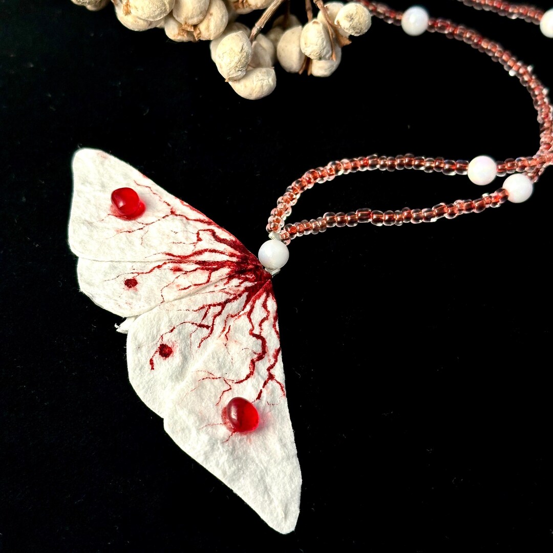 Blood Moth Necklace, Gothic White Moth Pendant, Dark Style Accessory ...