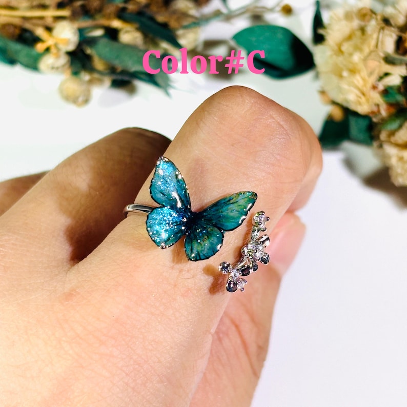 Butterfly Flower Ring, Cute Butterfly Wings Floral Ring, Adjustable ...