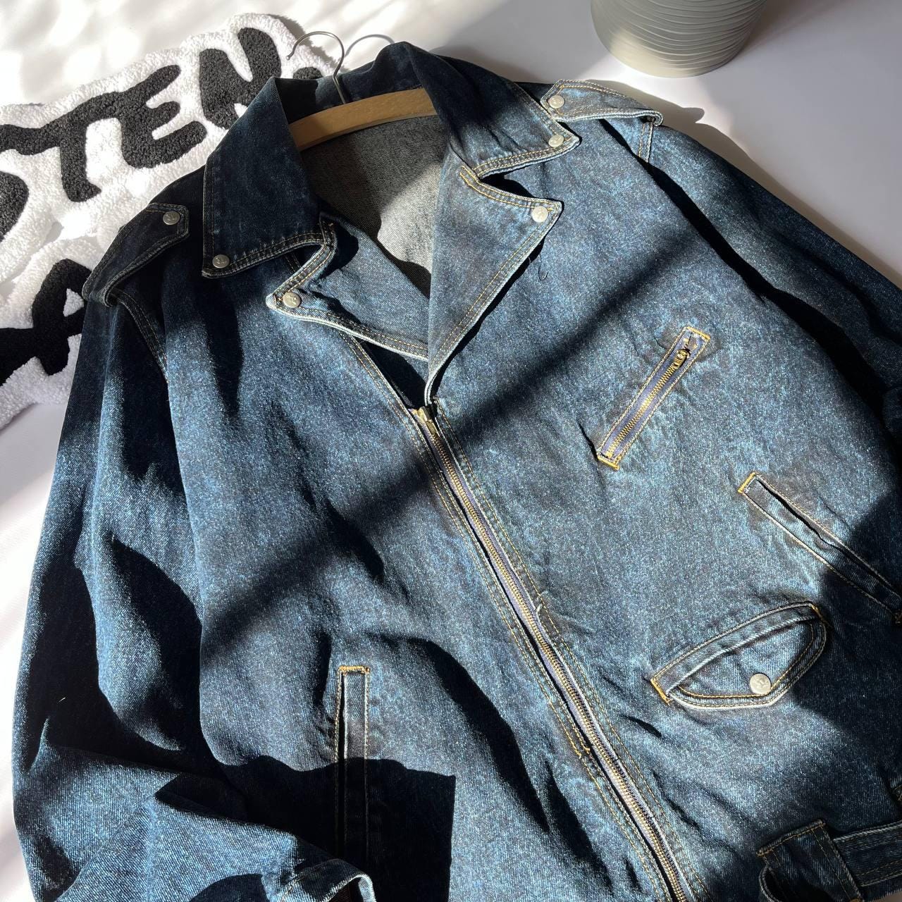 Vintage Denim Motorcycle Jacket Biker Jean Jacket With Zipper 90s Style ...
