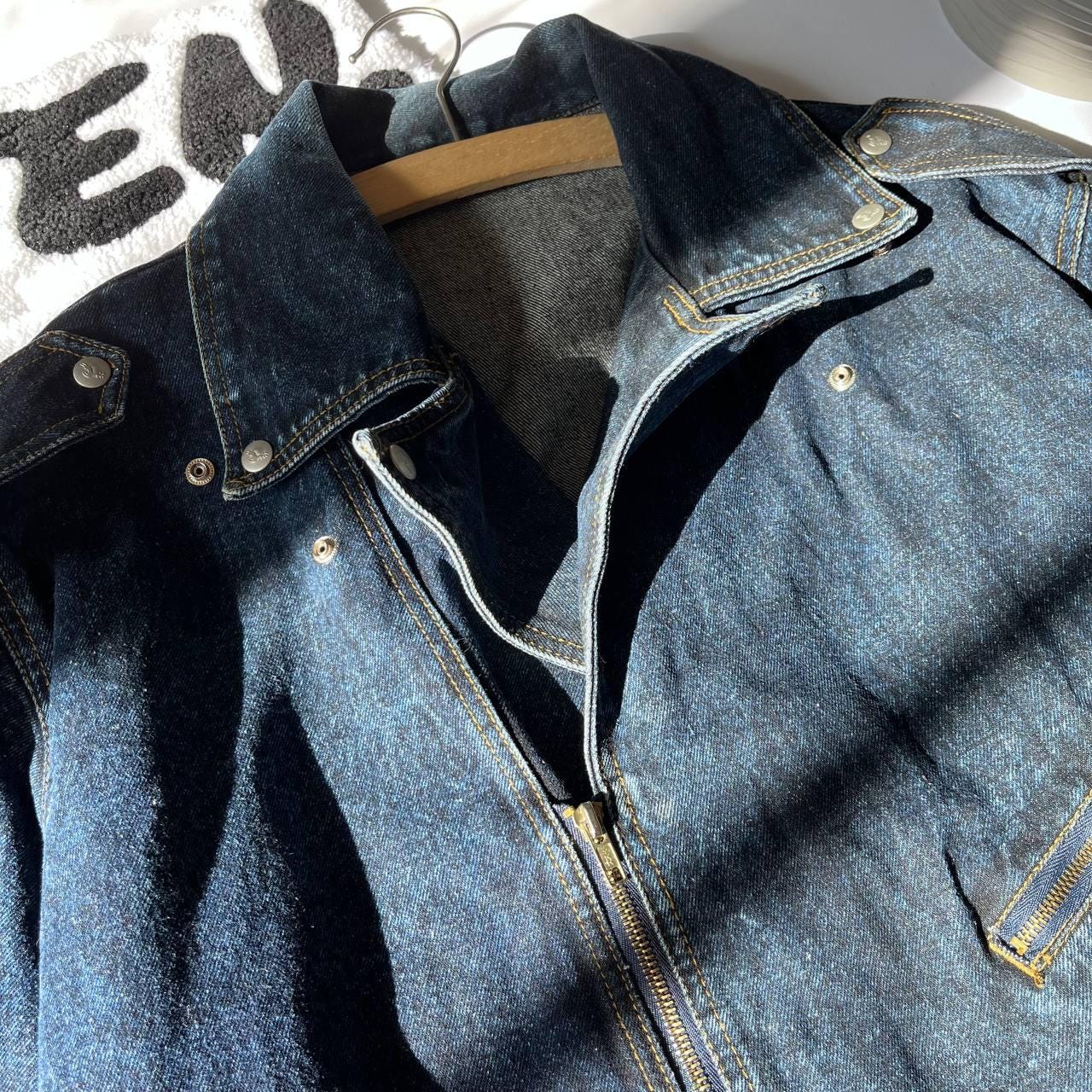 Vintage Denim Motorcycle Jacket Biker Jean Jacket With Zipper 90s Style ...
