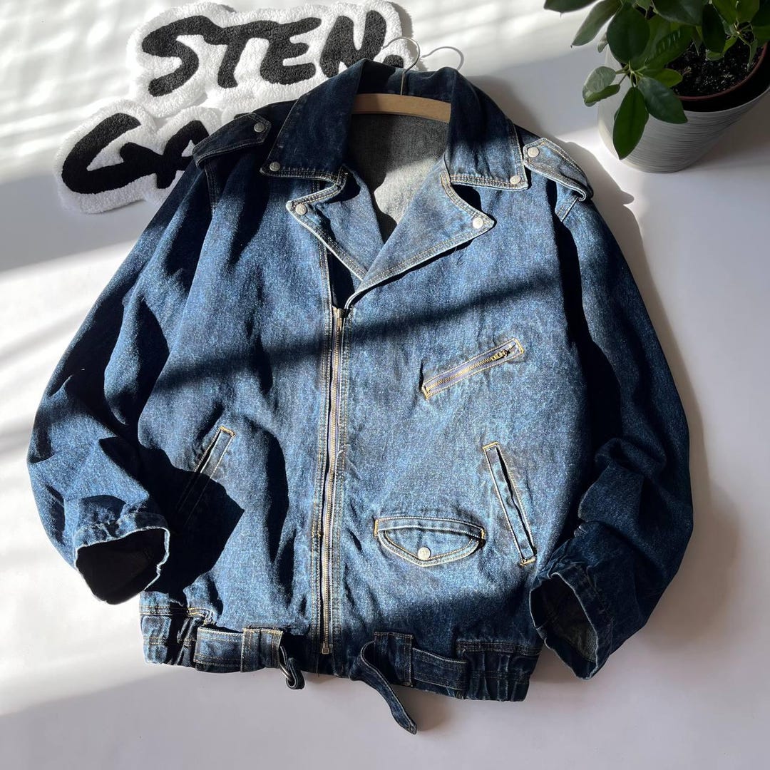 Vintage Denim Motorcycle Jacket Biker Jean Jacket With Zipper 90s Style ...