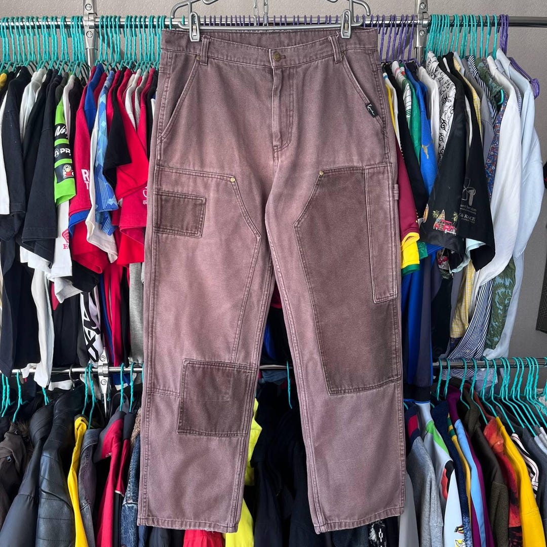 Karl Kani Brown Faded Double Knee Workwear Style Rap Baggy Denim Pants ...