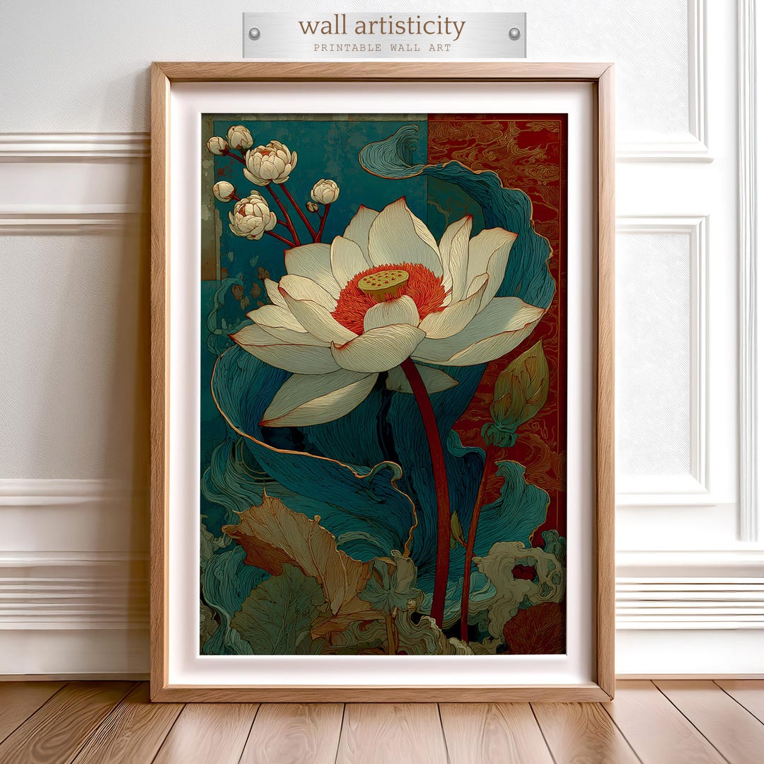 Lotus Flower Wall Art Print | Vintage Oriental Botanical Digital ...
