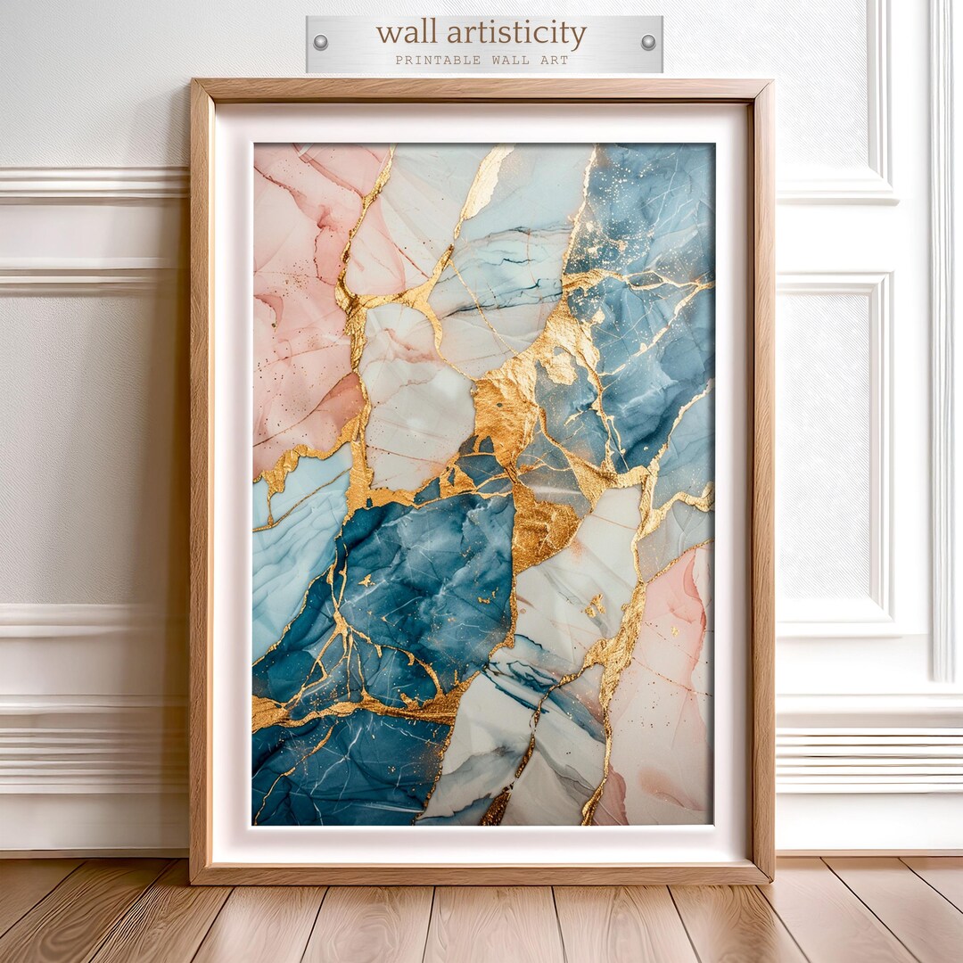 Kintsugi Digital Wall Art Print | Modern Blue and Pink Artwork | Wabi ...