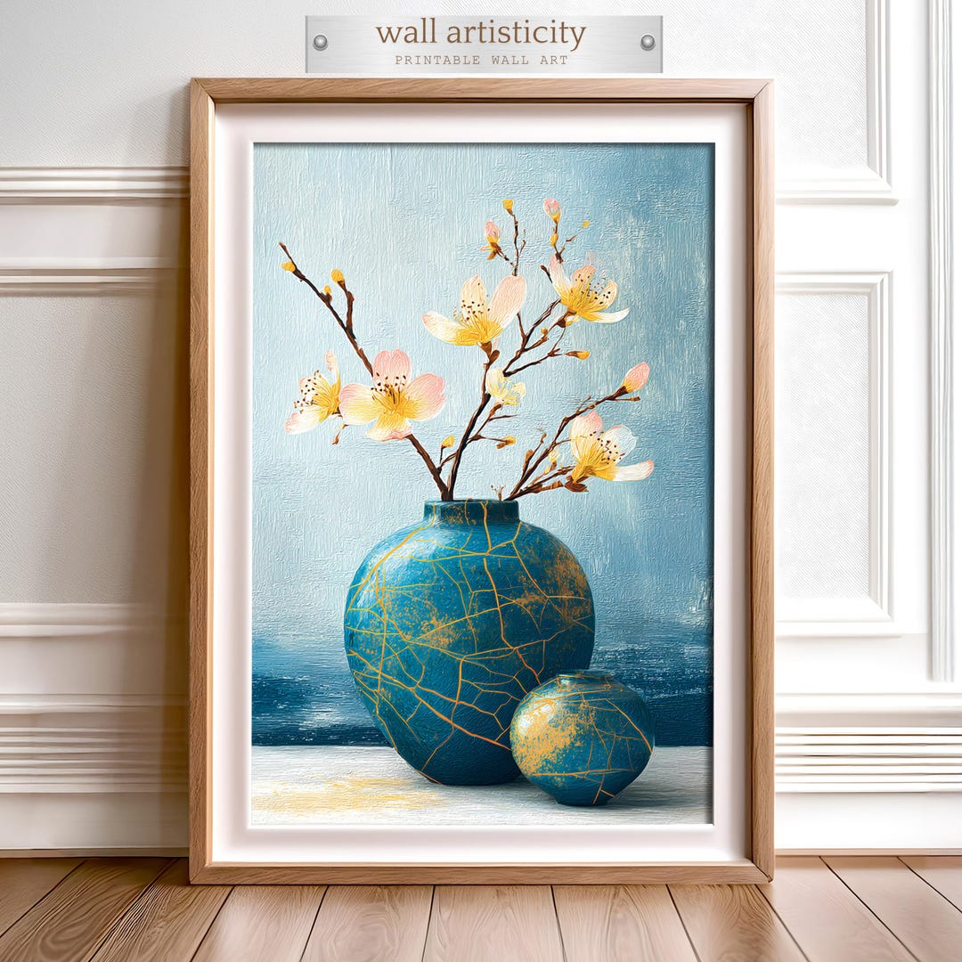 Teal Kintsugi Cherry Blossom Art Print: Wabi Sabi Decor (digital ...