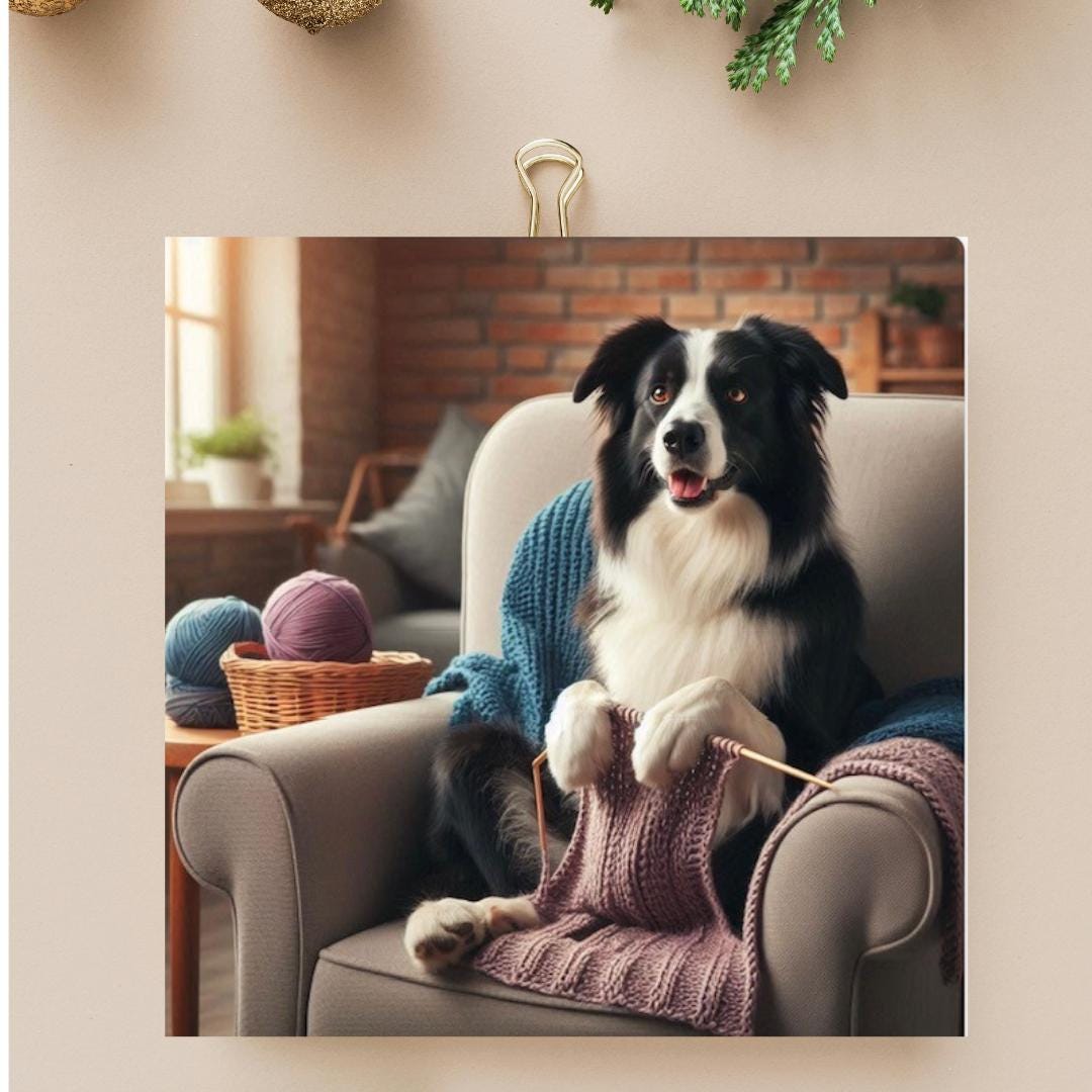 The Cozy Knitter! Border Collie Sitting on a Chair Knitting * PRINT ...