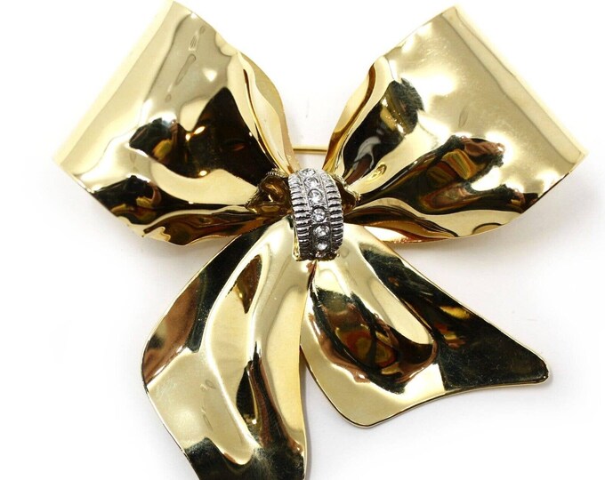 Vintage 3" Gold Bow Pin W Row of Rhinestones Lovely Statement Brooch ...