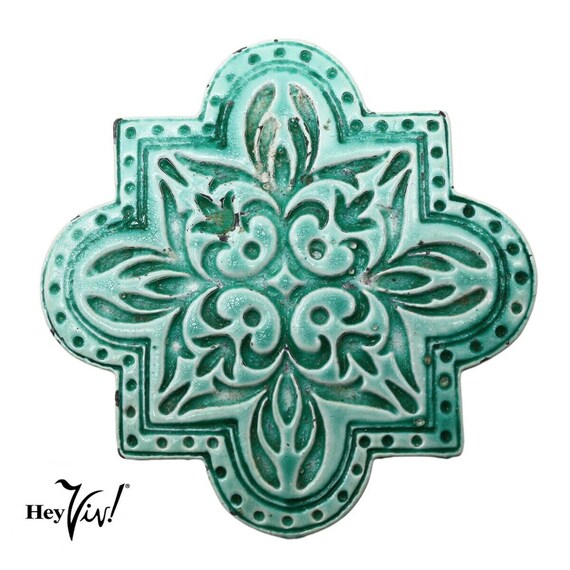 Vintage Turquoise Glazed Ceramic Wall Tile Pin Brooch… - Gem