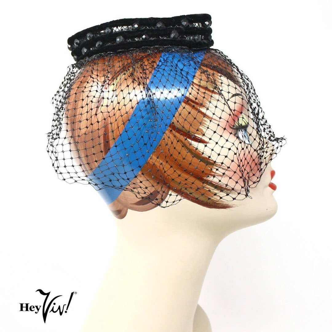 Vintage Elegant 1950s Halo Ring Black Beaded Velvet Net Fascinator Veil ...