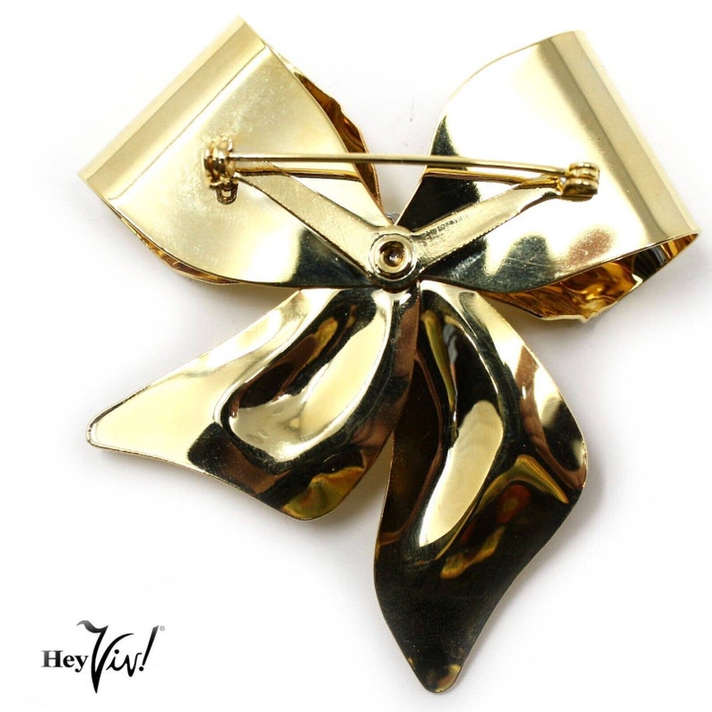 Vintage 3 Gold Bow Pin W Row of Rhinestones Lovely Statement Brooch Hey ...
