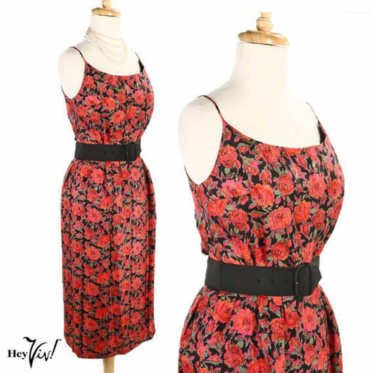 Vintage Mr Mort Fitted Wiggle Dress - Red Rose on Black - Metal Zip - S -hey Viv - Etsy