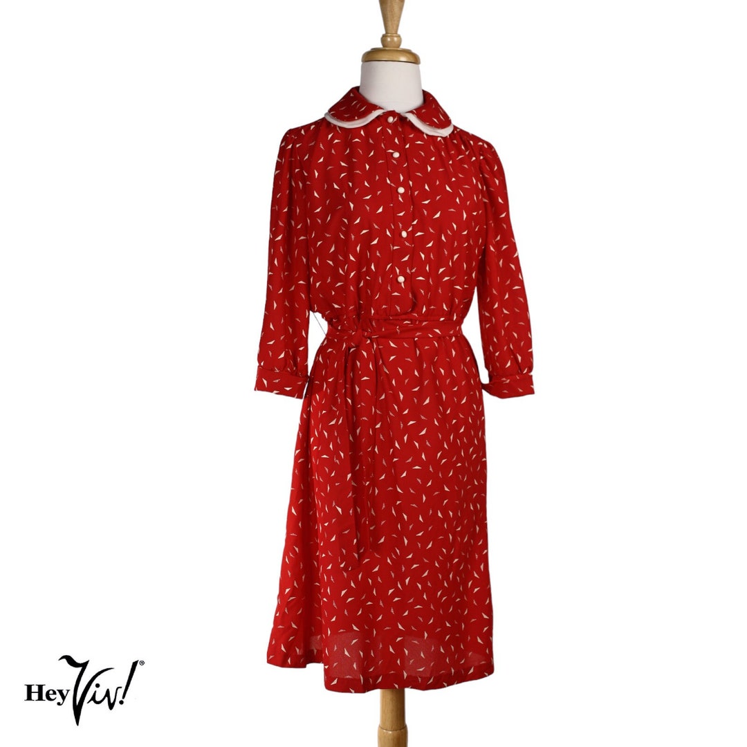 Vintage 1970s Jen Jen Red & White Print Day Dress Peter Pan Collar Size ...