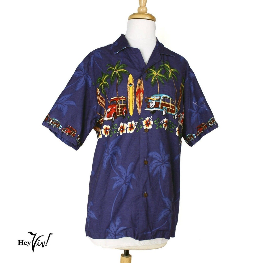Vintage Mens Blue Cotton Original Hawaiian Togs Surf & Cars Shirt Size ...