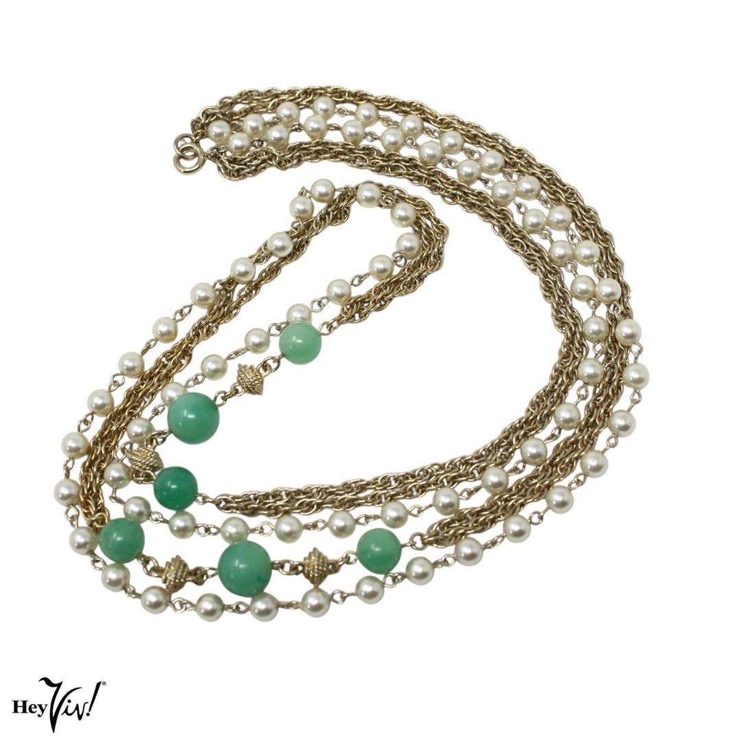 Vintage 3 Strand Chain Necklace Green Pearl and Fancy Beads 30" Long ...