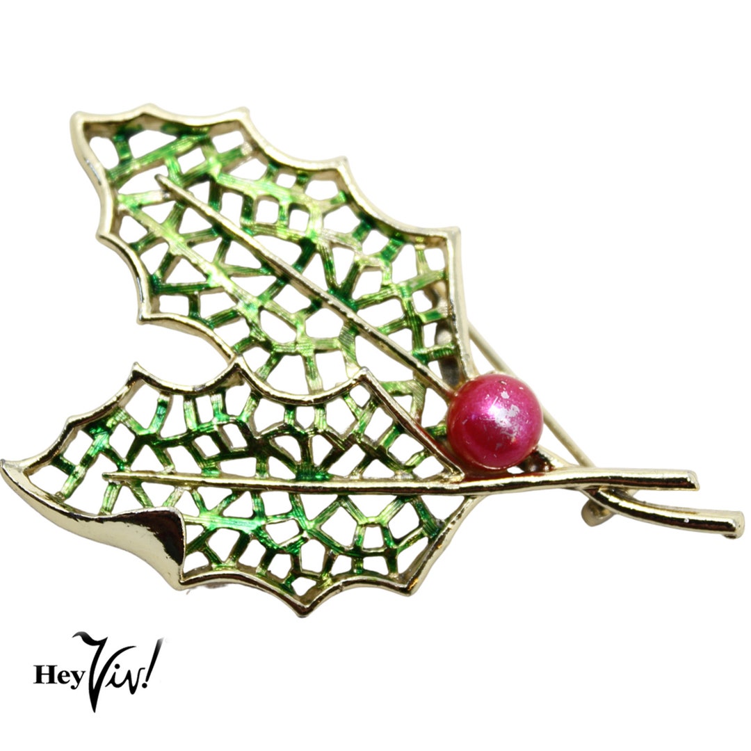 Vintage Double Holiday Holly Leaf Pin Brooch W Berry Bead 2.75" Long ...