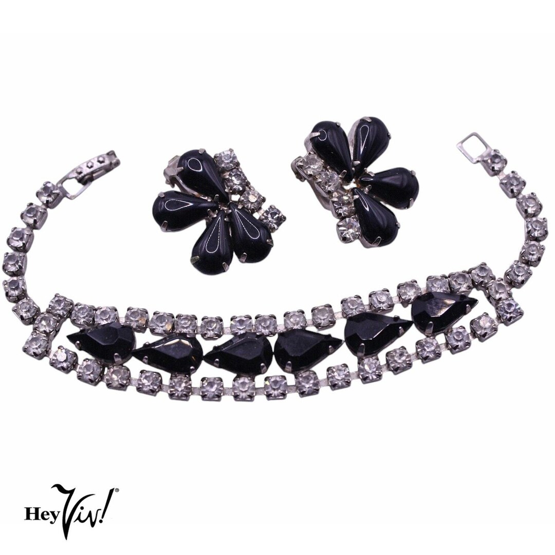 Vintage 50s Black Rhinestone 2 Piece Set Bracelet and Clip on Earrings ...