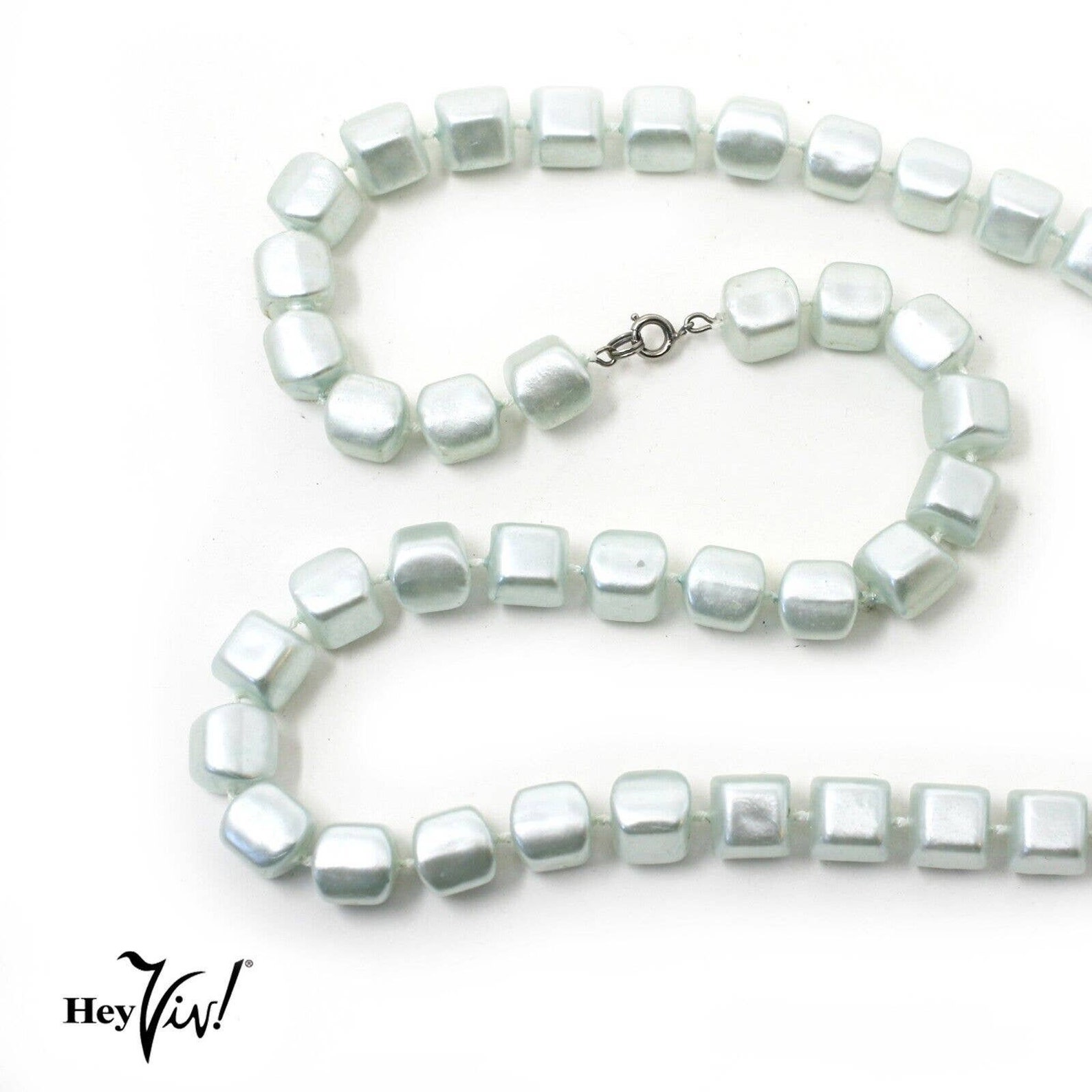 Vintage Single Strand Iridescent Light Blue Square Bead Necklace 24 Hey ...